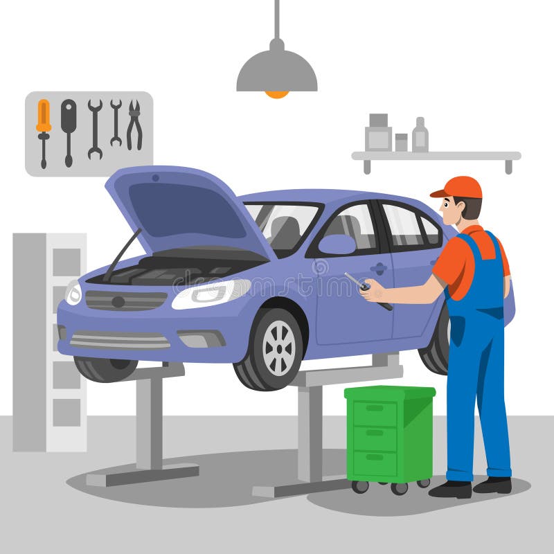 Mechanic is Servicing a Car in a Neat Garage Stock Vector ...