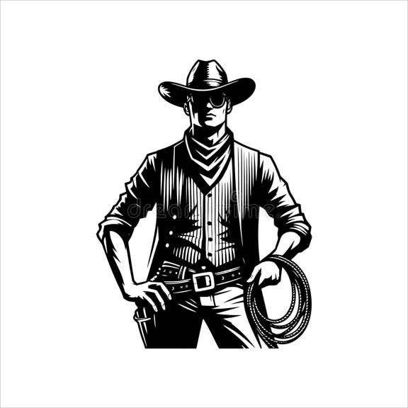 Cowboy with Lasso Standing Pose – Western Black and White Line Art ...