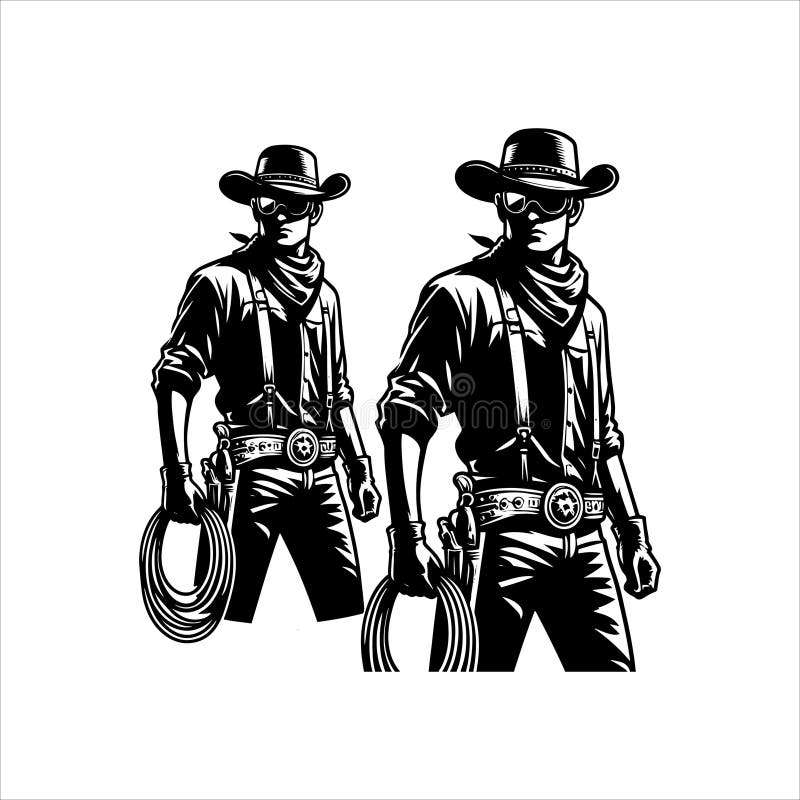 Cowboy with Lasso Standing Pose – Western Black and White Line Art ...