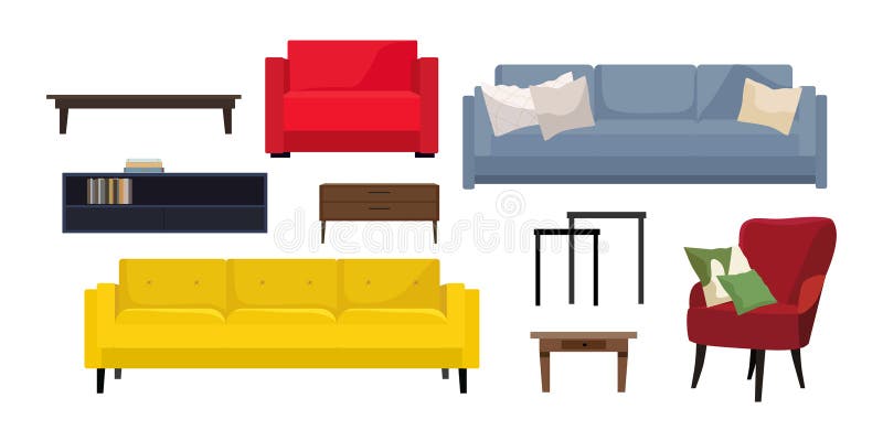 Set of Illustrations of Sofas, Armchairs, Side Table, Coffee Table ...