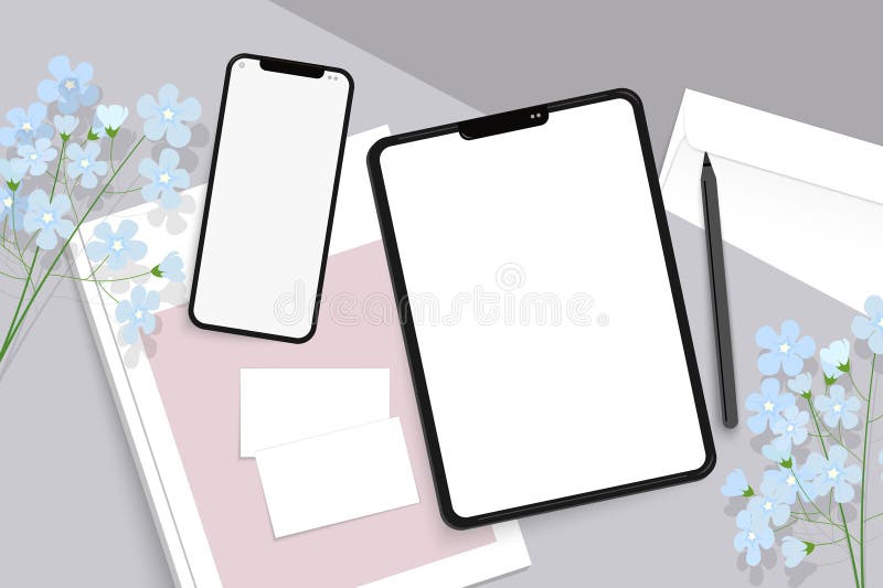 Tablet, Phone, Envelopes, Business Card Vector Templates with Flowers ...