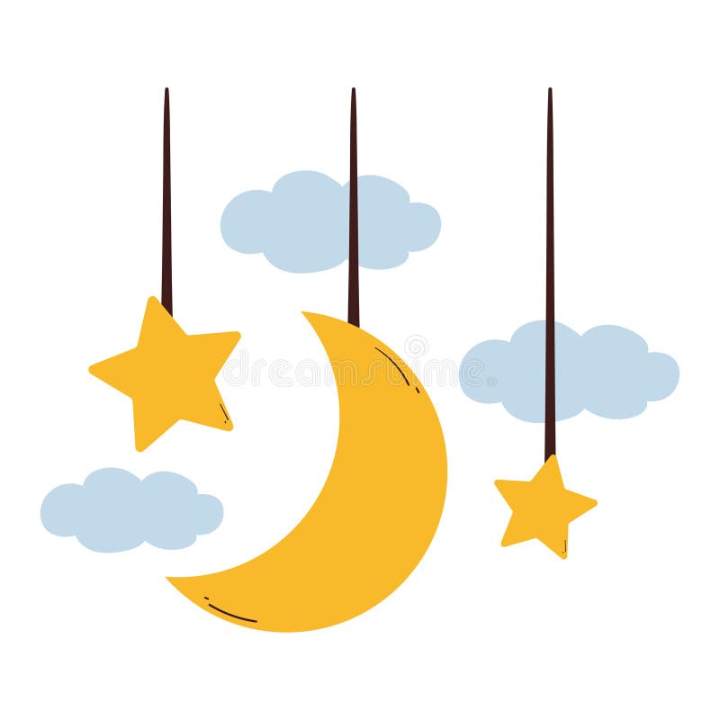 Cute Hand Drawing Cartoon Moon and Stars with Blue Clouds. Cute Sky ...