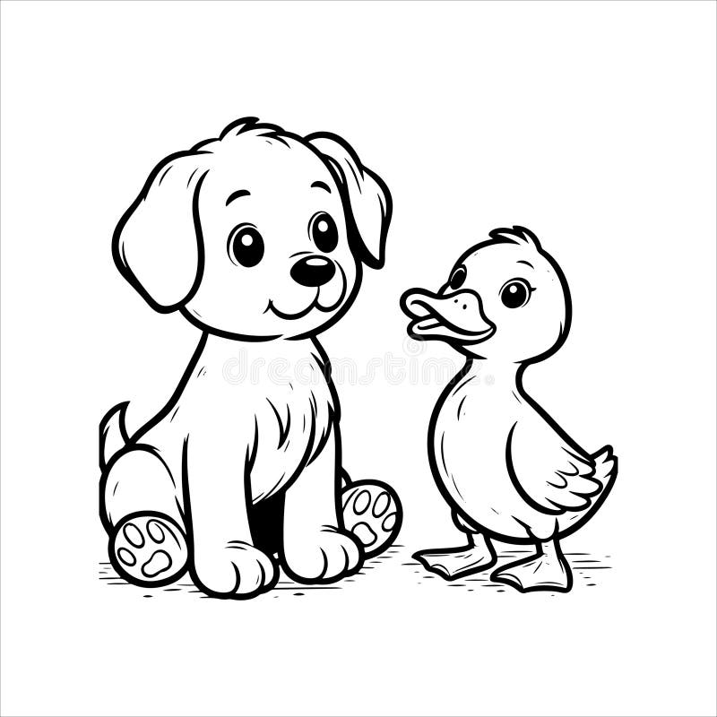 Dog and Duck in Various Motion Poses – Black and White Line Art Vector ...