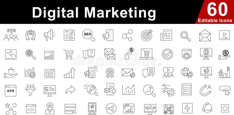 Digital Marketing Line Icons Set - SEO, Social Media, Online ...