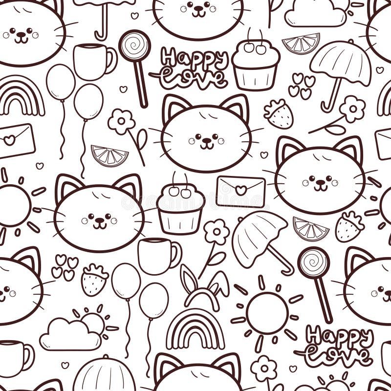Seamless Pattern Cute Cartoon Cat with Cute Doodle Stuff. Cute Coloring ...