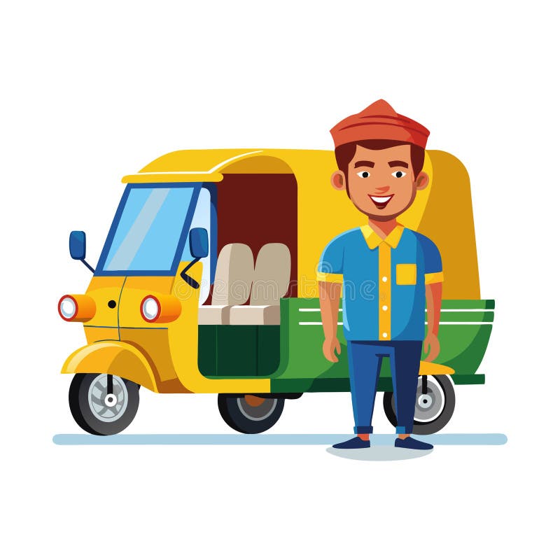 Cartoon of a Man Standing Next To a Yellow Auto Rickshaw Stock Vector ...