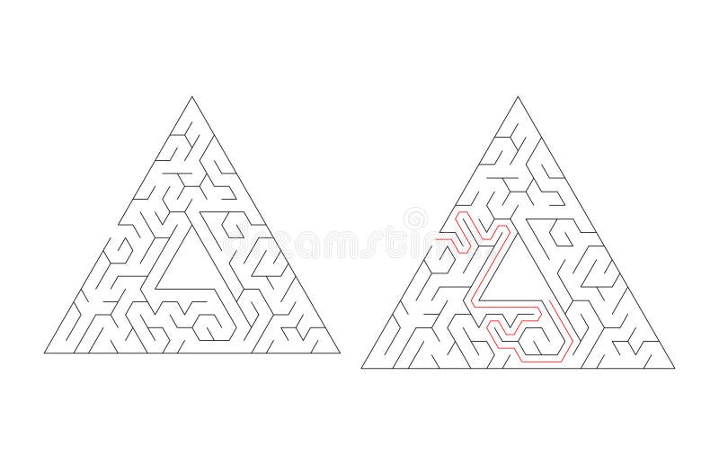 Two Triangle Mazes One Solved with a Red Line Solution Stock Vector ...
