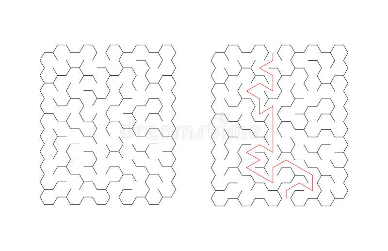 Two Square Mazes One Solved with a Red Path on White Back Stock Vector ...