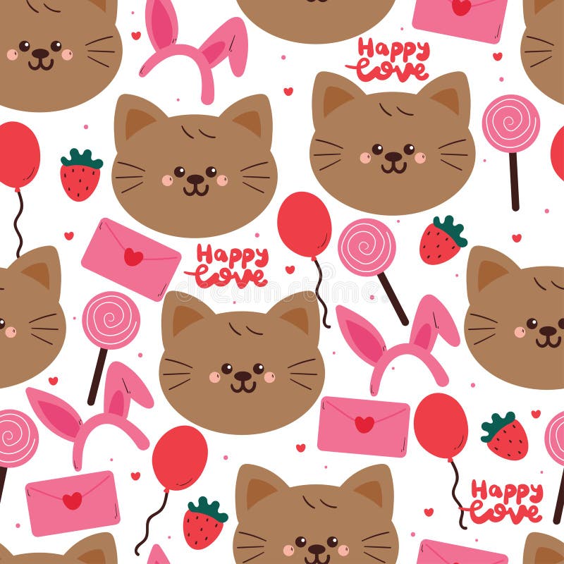 Seamless Pattern Cute Cartoon Cat with Cute Valentine Stuffs in White ...