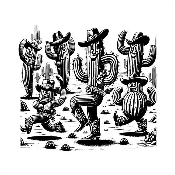 Dancing Cactus Cartoon Line Art – Black and White Western Style Vector ...
