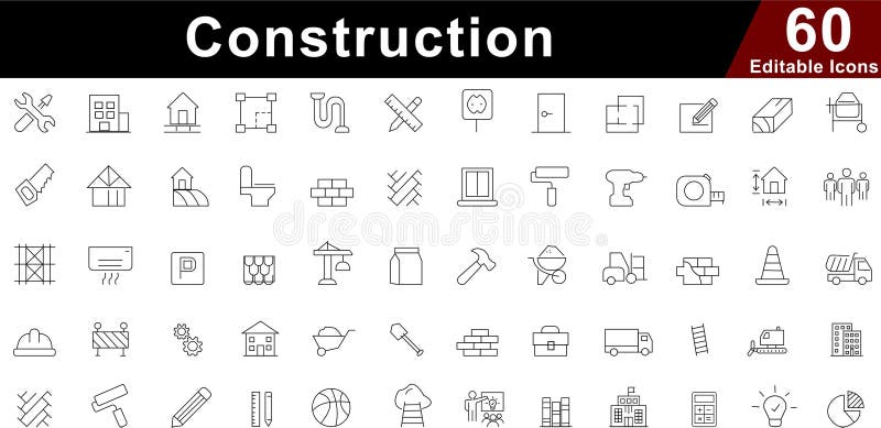Construction Line Icons Set - Building, Renovation, Engineering & Tools ...