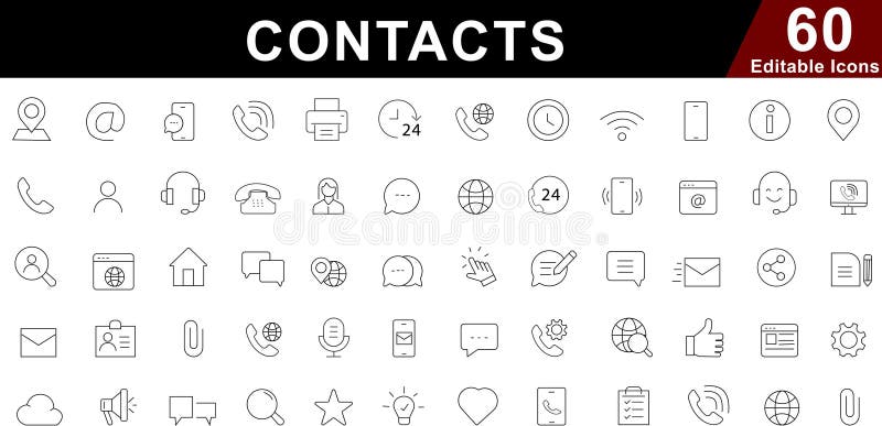 Contacts & Communication Line Icons Set - Support, Information & Global ...