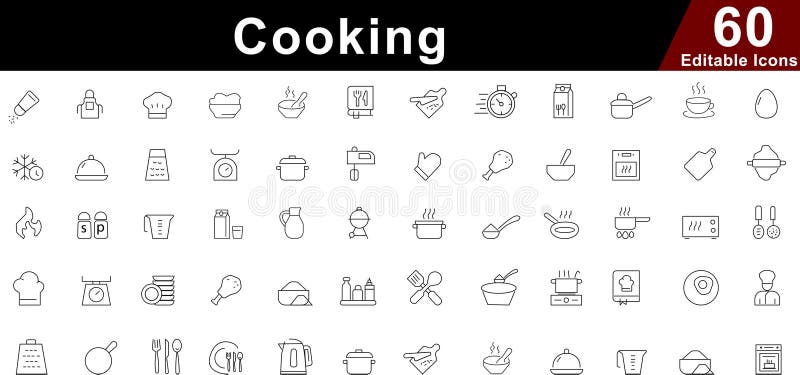 Cooking Line Icons Set - Kitchen, Food Preparation & Utensil Symbols ...