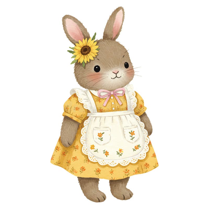 Watercolor Adorable Dressed Rabbit with Sunflower Decoration and Floral ...