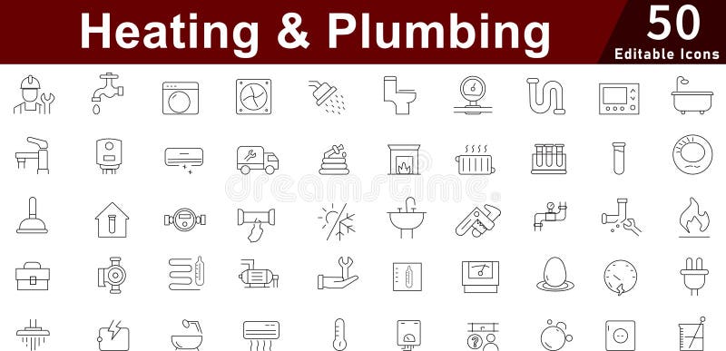 Heating, Ventilation and Plumbing Line Icons: HVAC, Water and Home ...