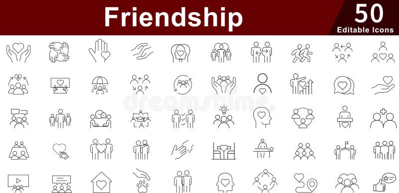Friendship Social Icon Set - 50 Editable Relationship Community Icons ...