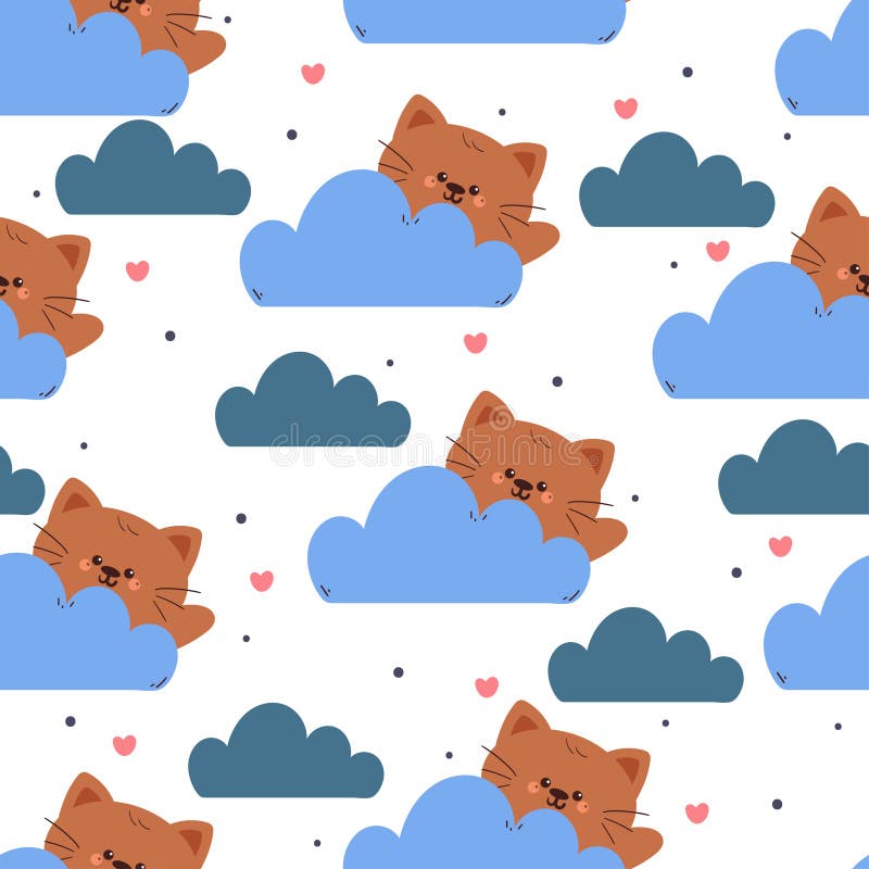 Cute Hand Drawing Cartoon Cats Behind Blue Clouds Seamless Pattern ...