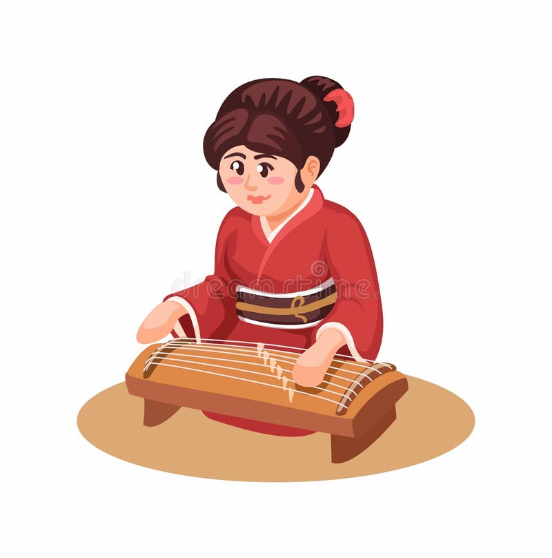 Japanese Girl Playing Koto Music Instrument Cartoon Illustration Vector ...