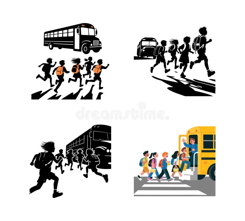 Collection of Children Running Toward School Bus Vector Scenes, Morning ...
