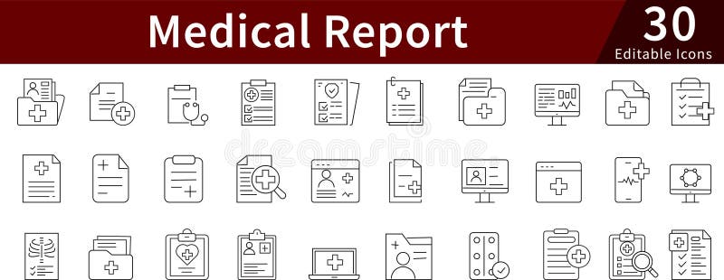 Medical Report Line Icons: Health Records, Diagnosis and Patient Data ...