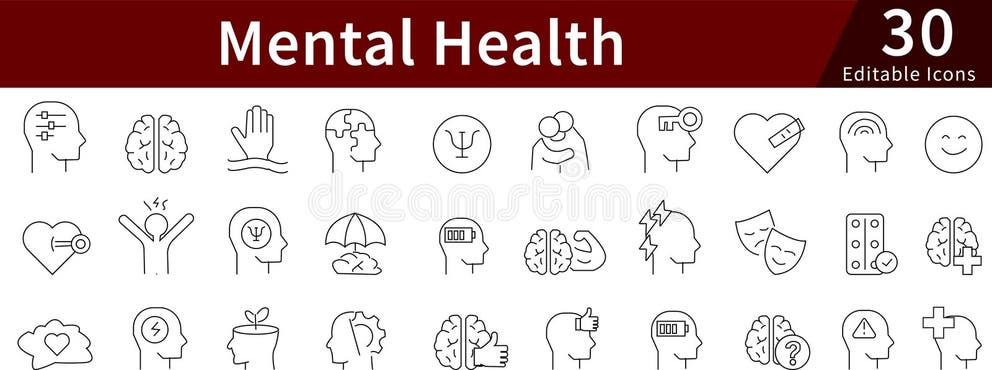 Mental Health Line Icons: Brain, Therapy and Emotional Well-being ...