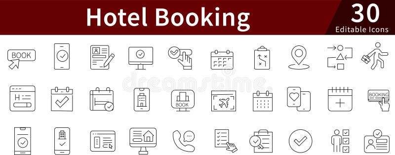 Hotel Booking Editable Line Icons Set for Travel, Accommodation ...