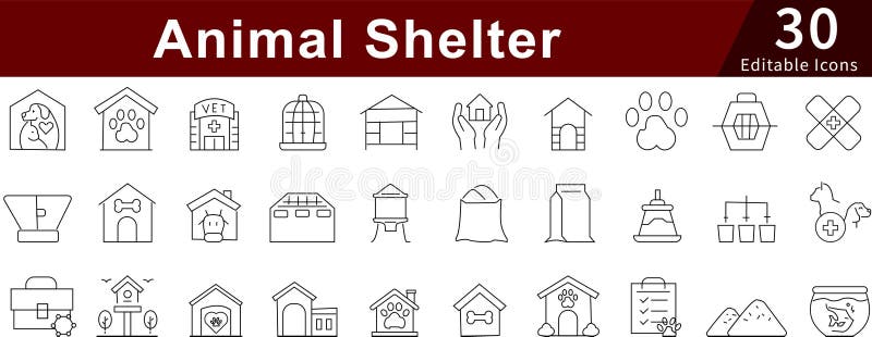 Animal Shelter Editable Line Icons Set for Pet Rescue, Adoption, Care ...