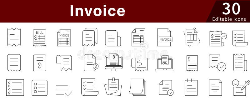 Invoice Editable Line Icons Set for Billing, Payment, Business, and ...
