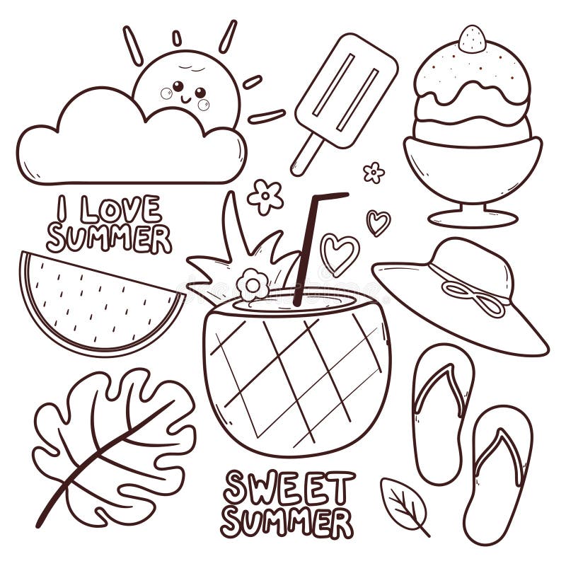 Set of Summer Element Drawing Cartoon for Coloring Page or Coloring ...