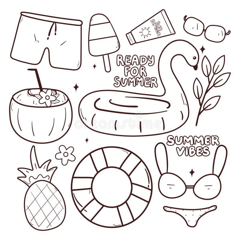 Set of Summer Element Drawing Cartoon for Coloring Page, Coloring Book ...