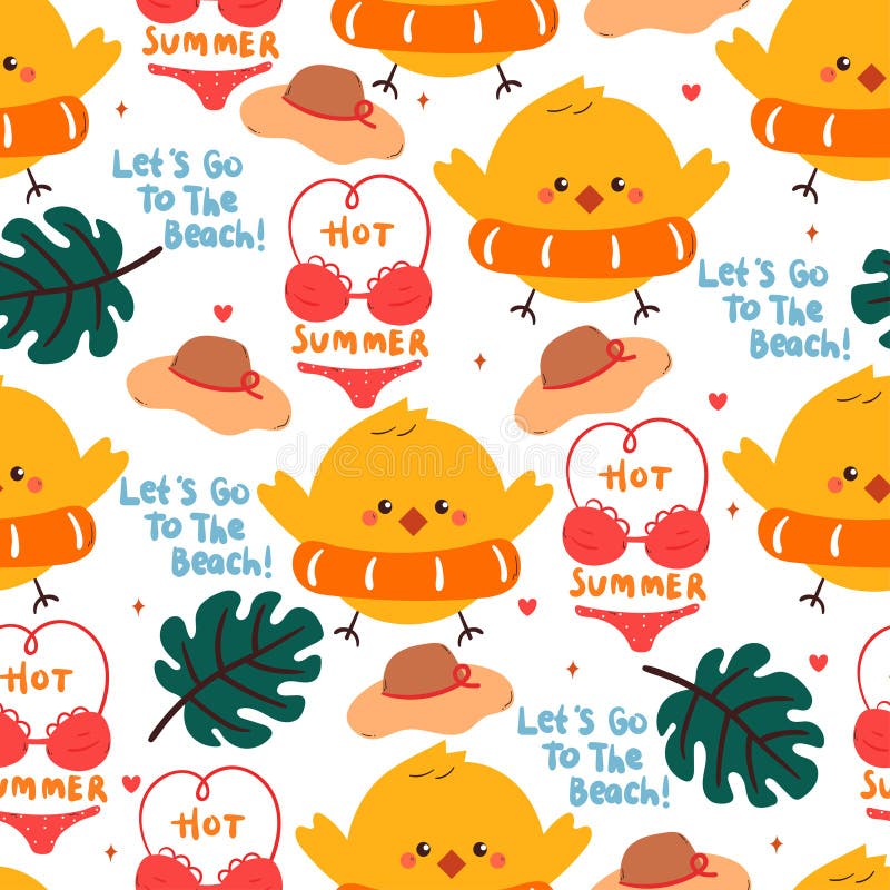 Cute Seamless Pattern Cartoon Chick with Summer Element Drawing. Cute ...