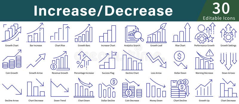 Increase Decrease Icon Set in Line Style with Editable Vector for Growth, Analytics, Charts, and ...