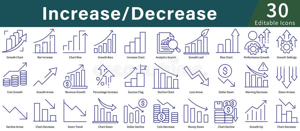 Increase Decrease Icon Set in Line Style with Editable Vector for Growth, Analytics, Charts, and ...