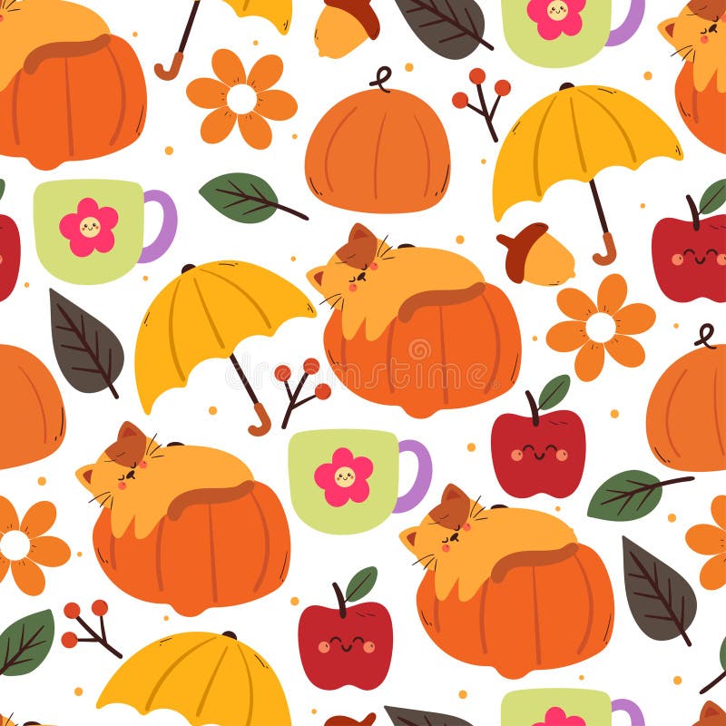 Autumn Vibe Seamless Pattern with Cartoon Cat. Cute Autumn Element ...