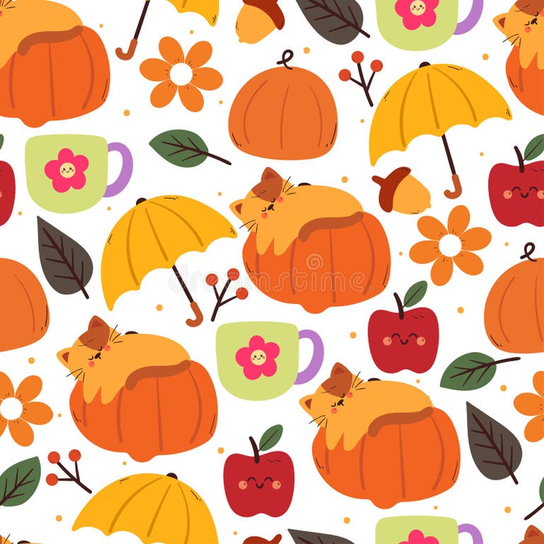 Autumn Vibe Seamless Pattern with Cartoon Cat. Cute Autumn Element Drawing for Wallpaper Stock ...