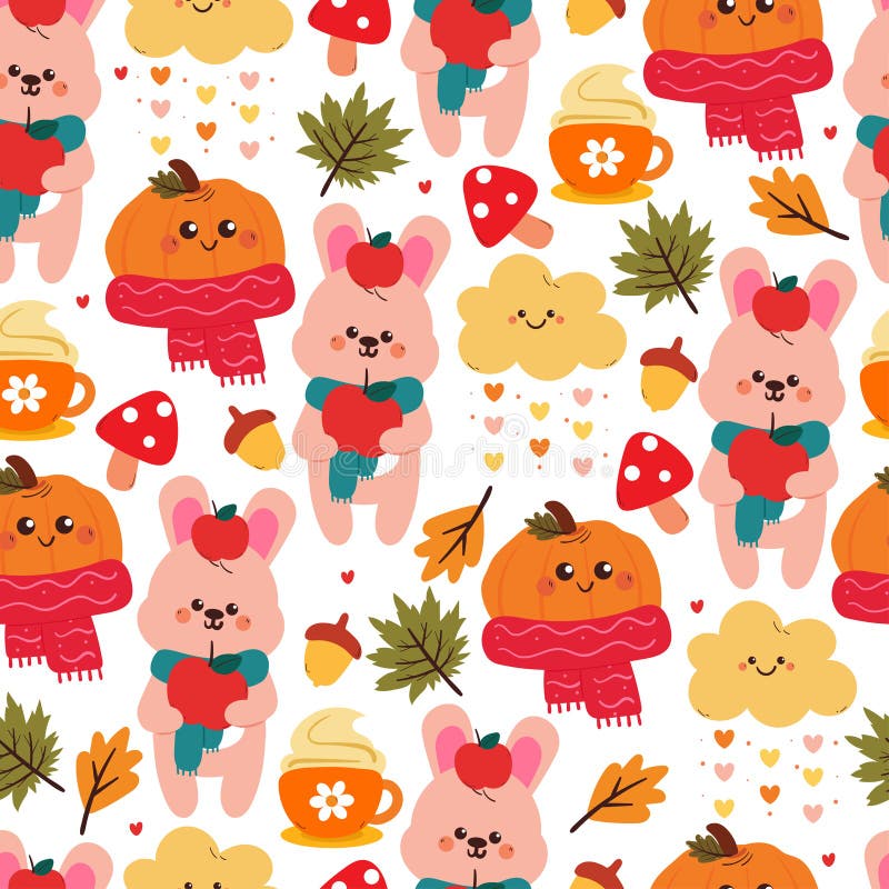 Autumn Vibe Seamless Pattern with Cartoon Bunny. Cute Autumn Element Drawing for Pattern Stock ...