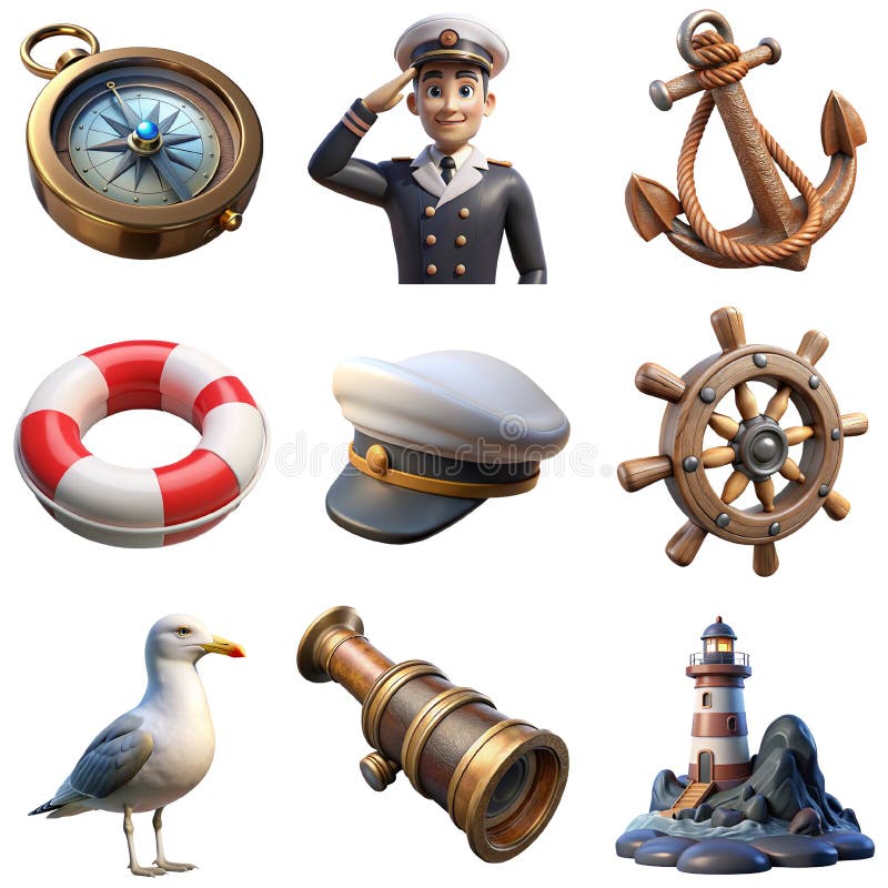 3d Sailor Objects Icons Collection, Lifebuoy, Anchor, Captain S Wheel ...