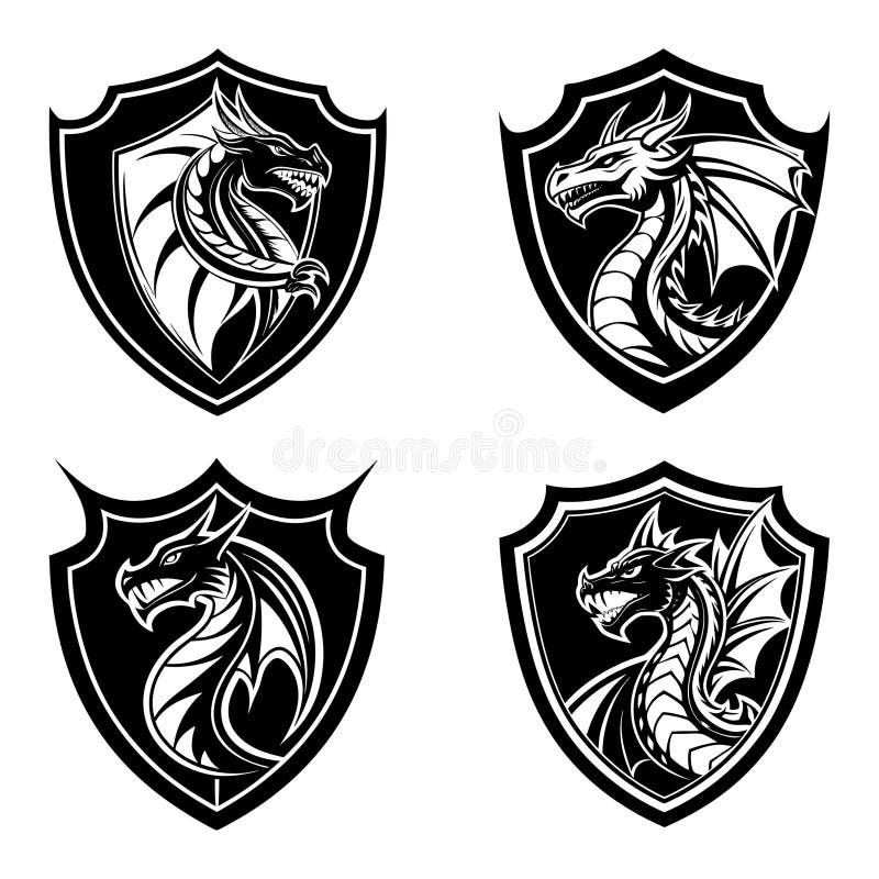 Art and Illustration of Dragon Shield Logo Set Flat Vector Style Stock ...