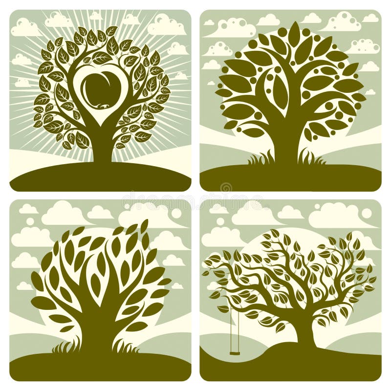 Art Illustration of Green Trees with Swing Growing on Beautiful Stock ...