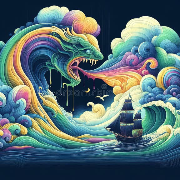 Art Illustration of a Sea Monster Devouring a Ship Stock Photo - Image ...