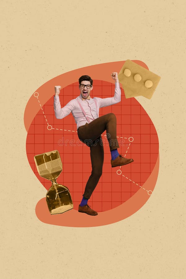 Art Image Vertical Photo Collage of Excited Guy Stand Text Box ...