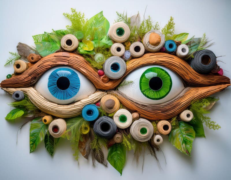 An Art Installation of Eyes Made from Recycled Materials, Emphasizing ...