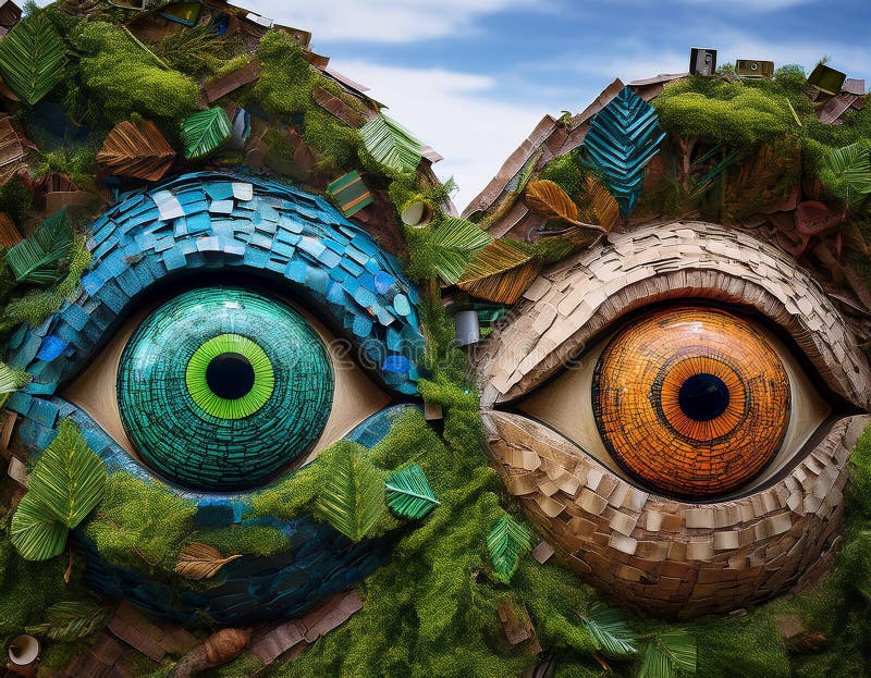 An Art Installation of Eyes Made from Recycled Materials, Emphasizing ...