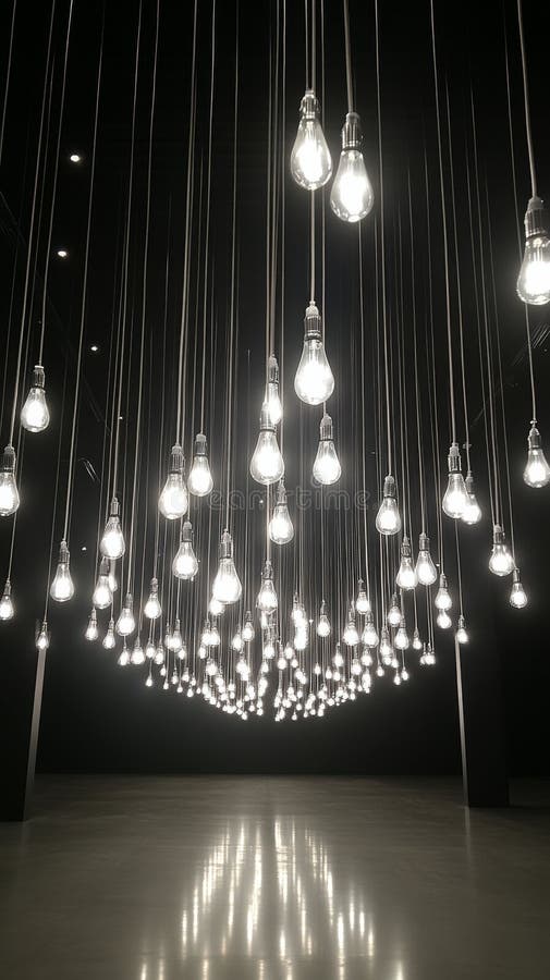 Art Installation Featuring Multiple Hanging Light Bulbs in a Darkened ...