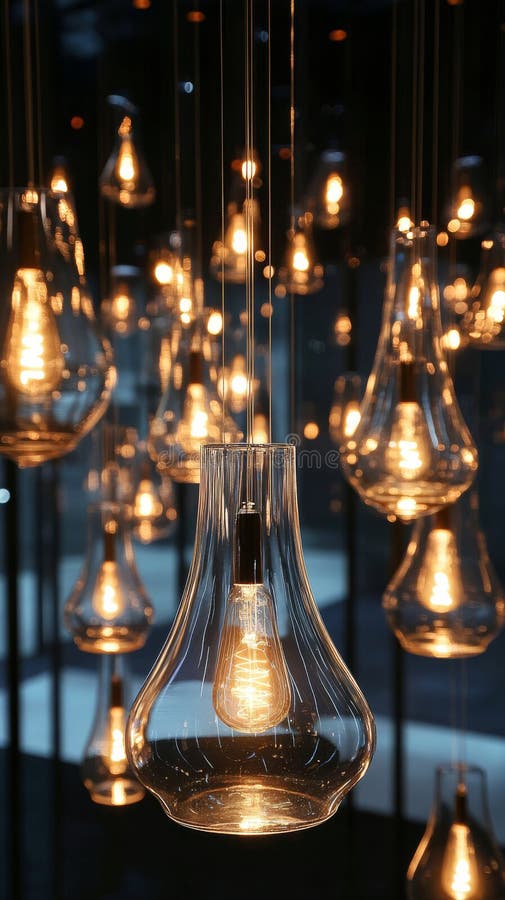 Art Installation Featuring Multiple Hanging Light Bulbs in a Darkened ...