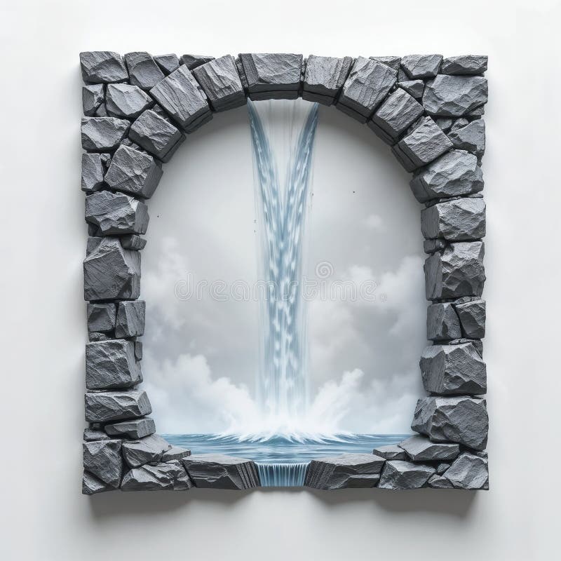 Art Installation of Stone Archway with Waterfall and Cloudy Sky Stock ...