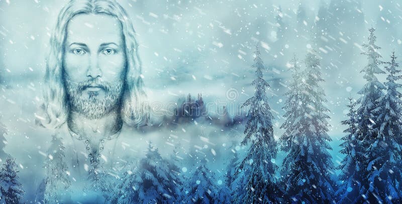 Art of Jesus and Beautiful Snowy Landscape. Stock Photo - Image of ...