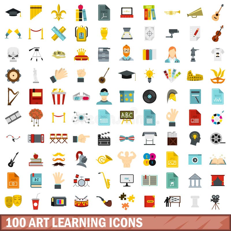 100 Art Learning Icons Set, Flat Style Stock Vector - Illustration of ...