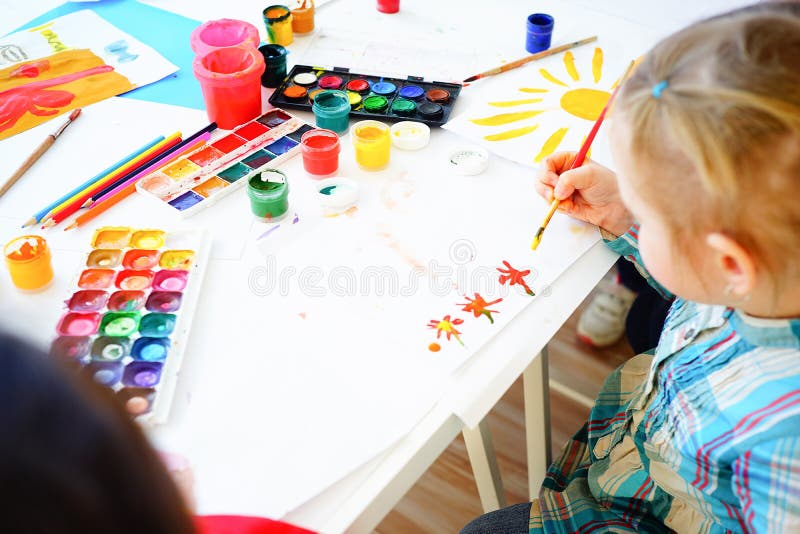 Art lesson in kindergarten stock photo. Image of painter - 91726126