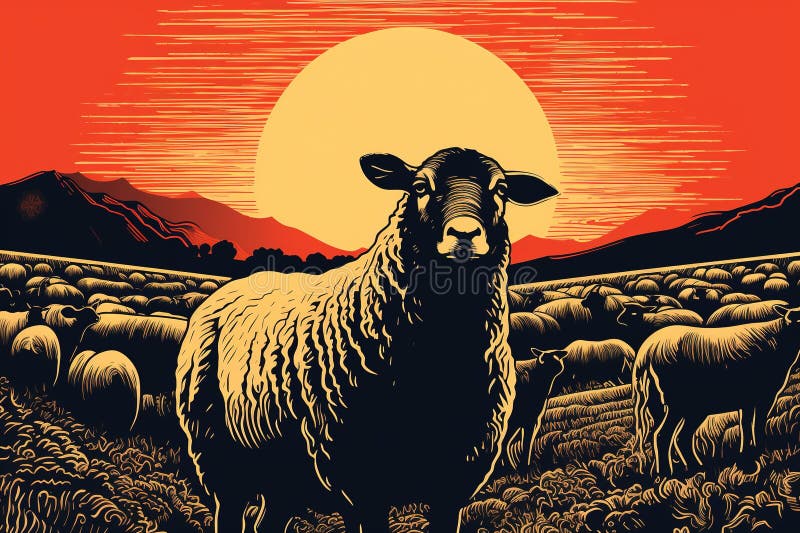 Art Life of Sheep in Nature, Block Print Style. Generative AI Stock ...